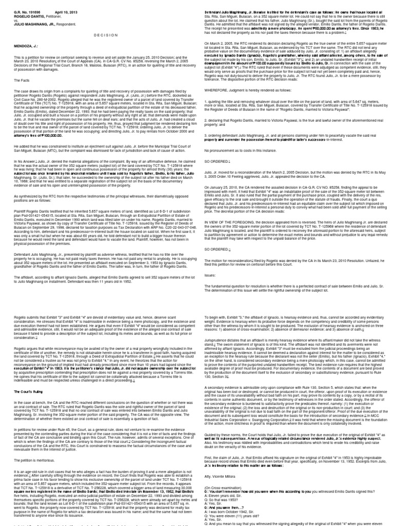 G.R. No. 191696 April 10, 2013 ROGELIO DANTIS, Petitioner, JULIO ...