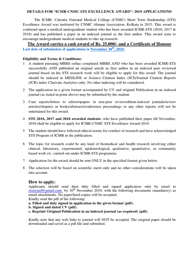 ICMR-CNMC STS Excellence Award 2019 | PDF | Academic Journal | Academic ...