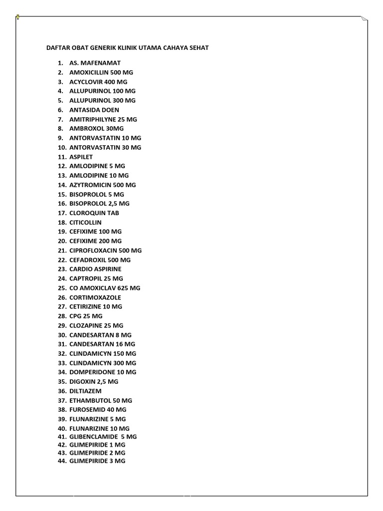 Daftar Obat Generik Klinik Utama Cahaya Sehat | PDF | Medical ...