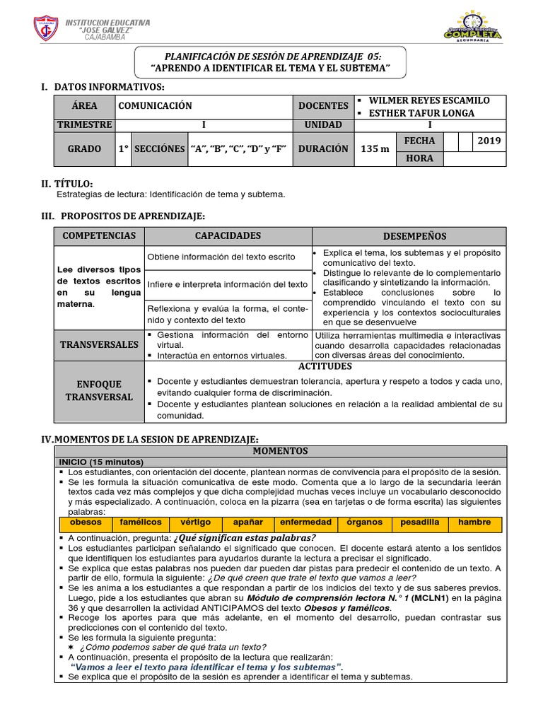 Identificación de Tema y Subtema en Textos | PDF | Comprensión lectora ...