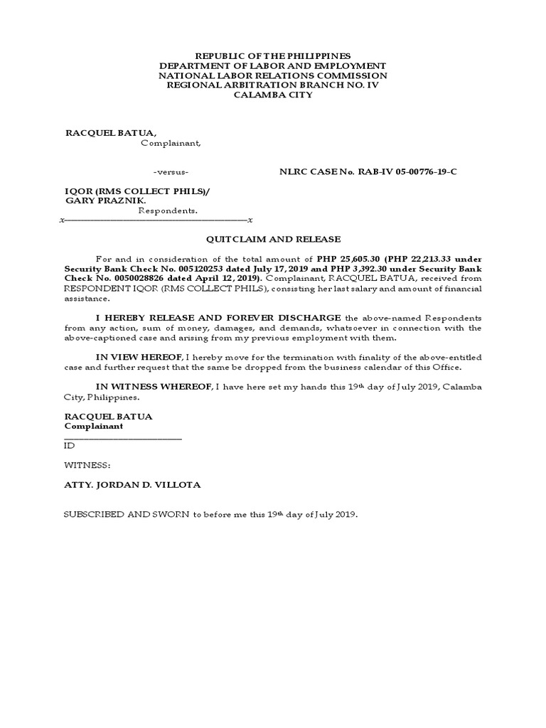 NLRC Quitclaim | PDF | Business