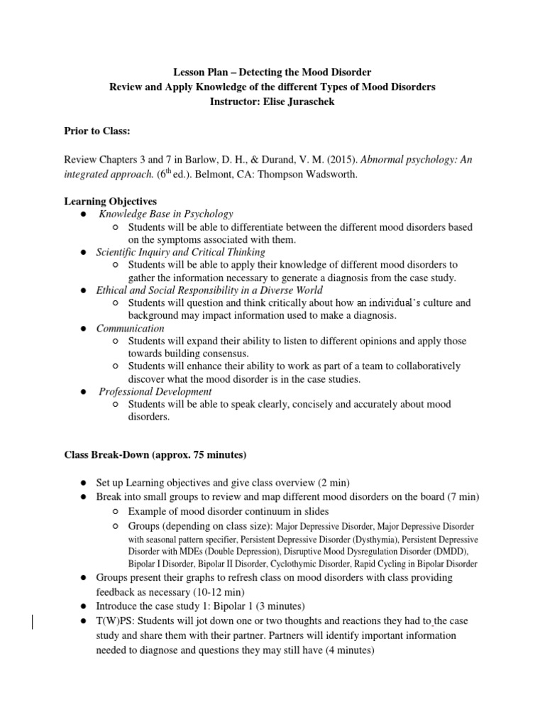 Lesson Plan - Detecting The Mood Disorder Final | PDF | Bipolar ...