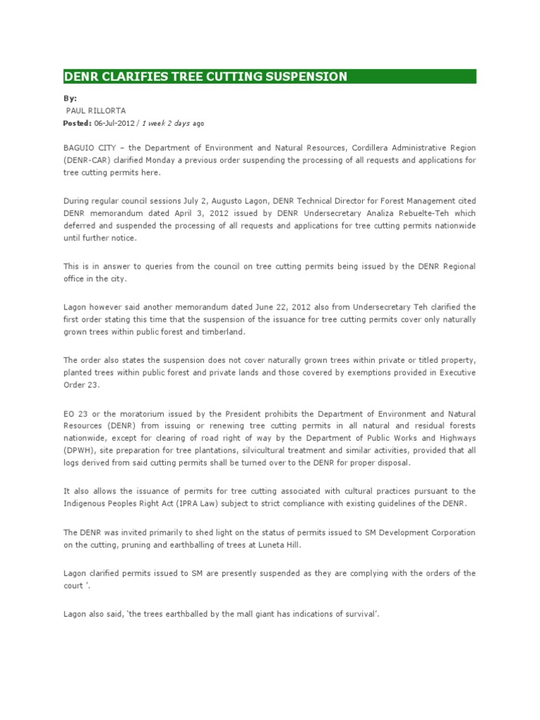 Denr Clarifies Tree Cutting Suspension | PDF