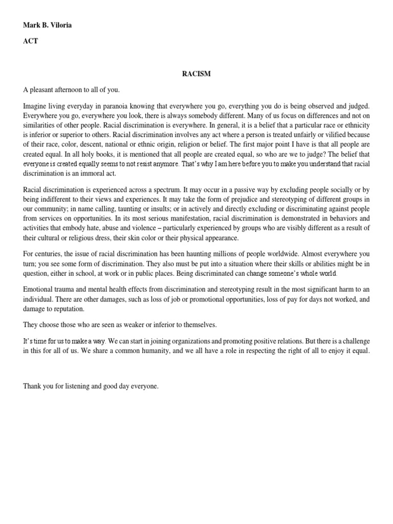 Mark Viloria speech against racism | PDF | Discrimination | Racism