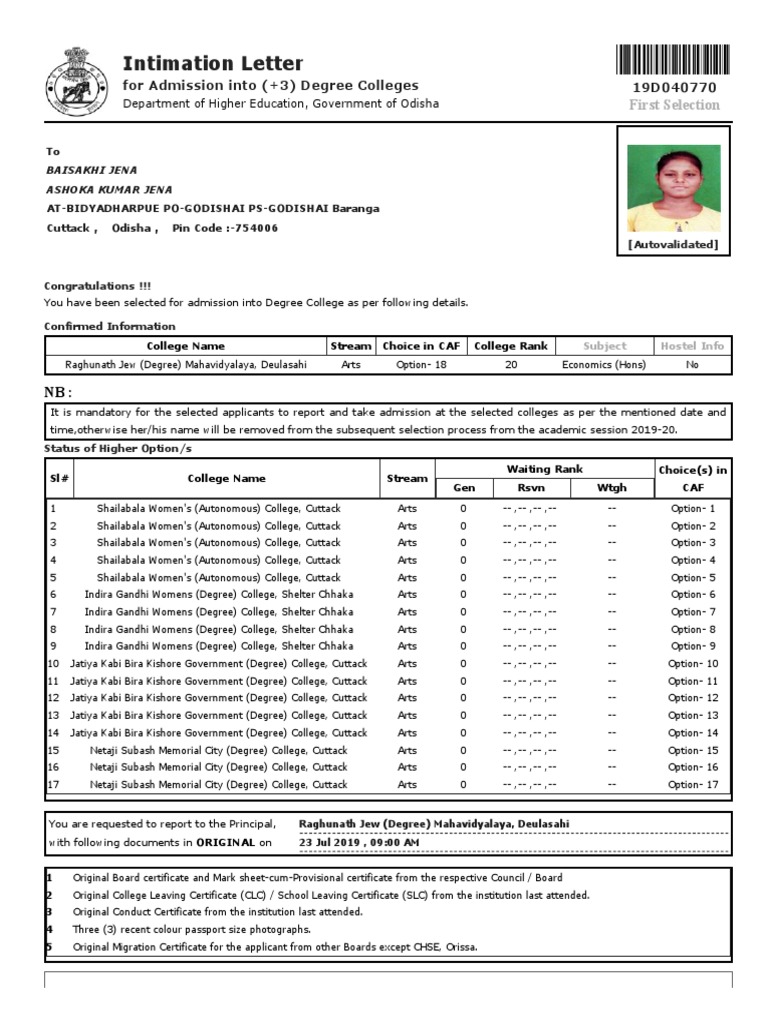 Intimation Letter: For Admission Into (+3) Degree Colleges 19D040770 ...