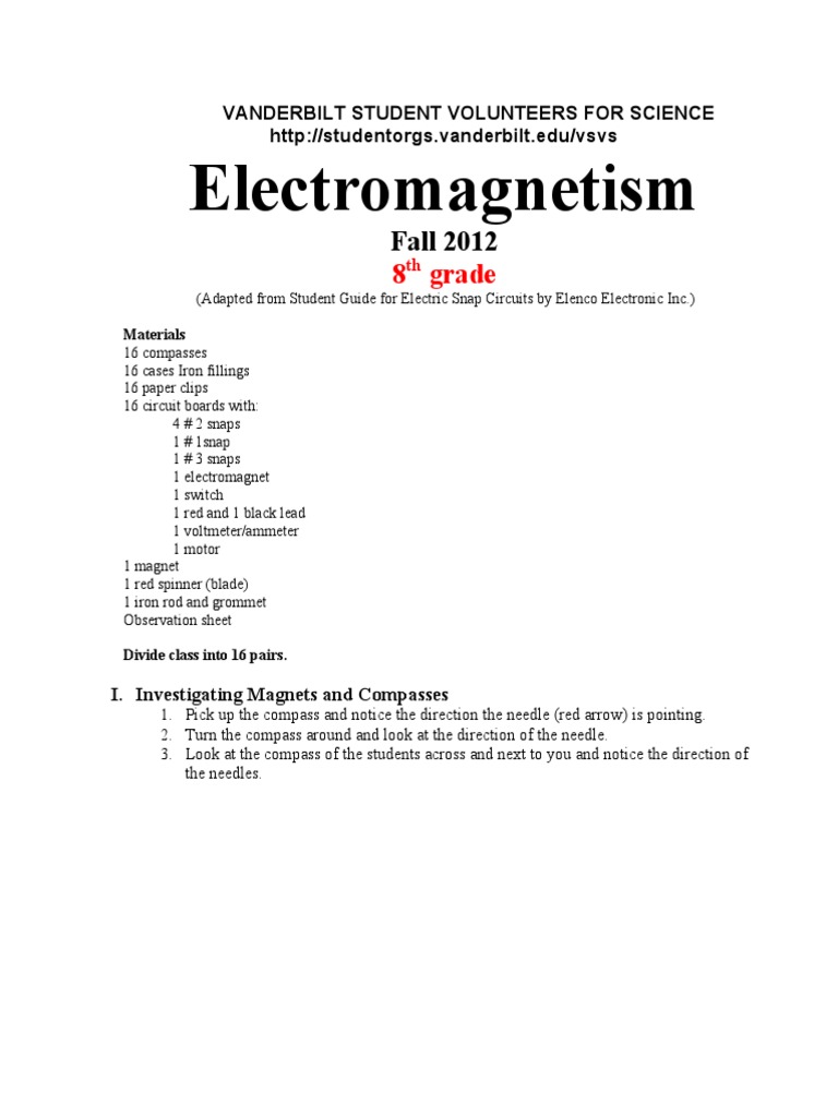 Electromagnetism Activities for Grade 8 | PDF | Compass | Electric Current