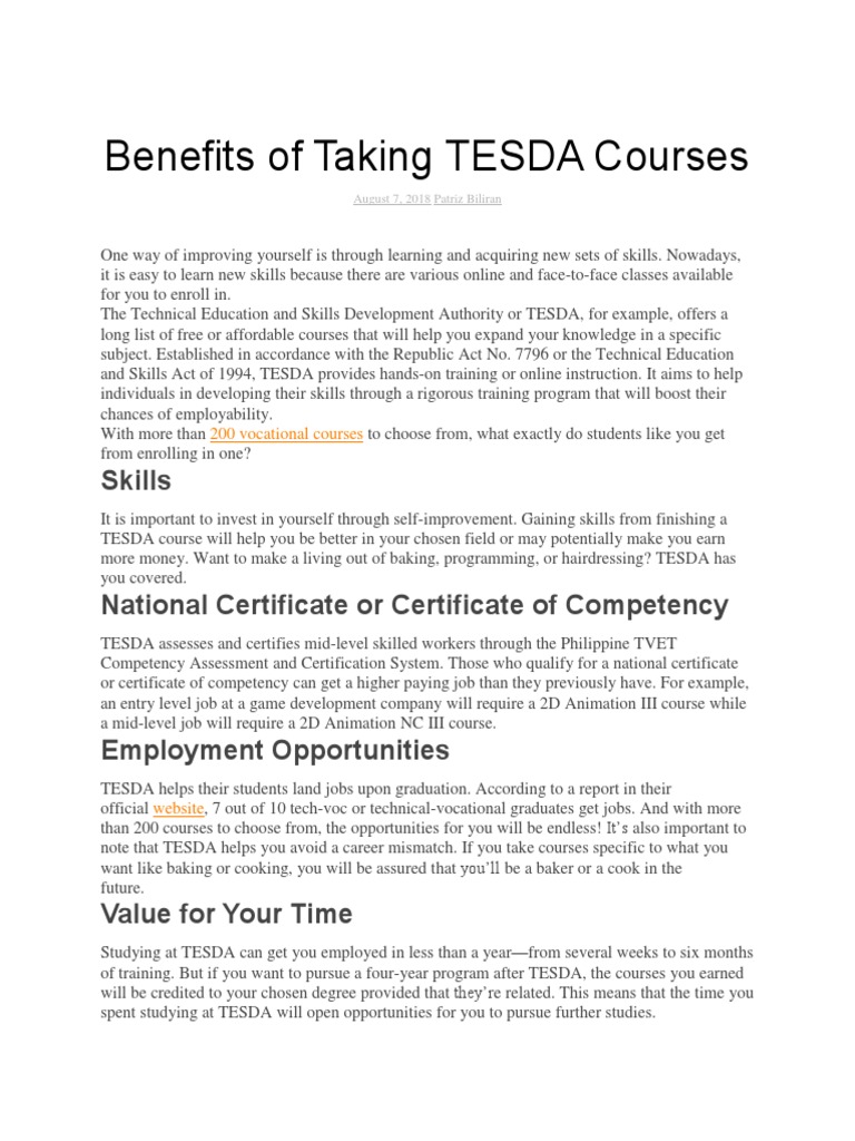 Benefits of Taking TESDA Courses | PDF | Vocational Education ...