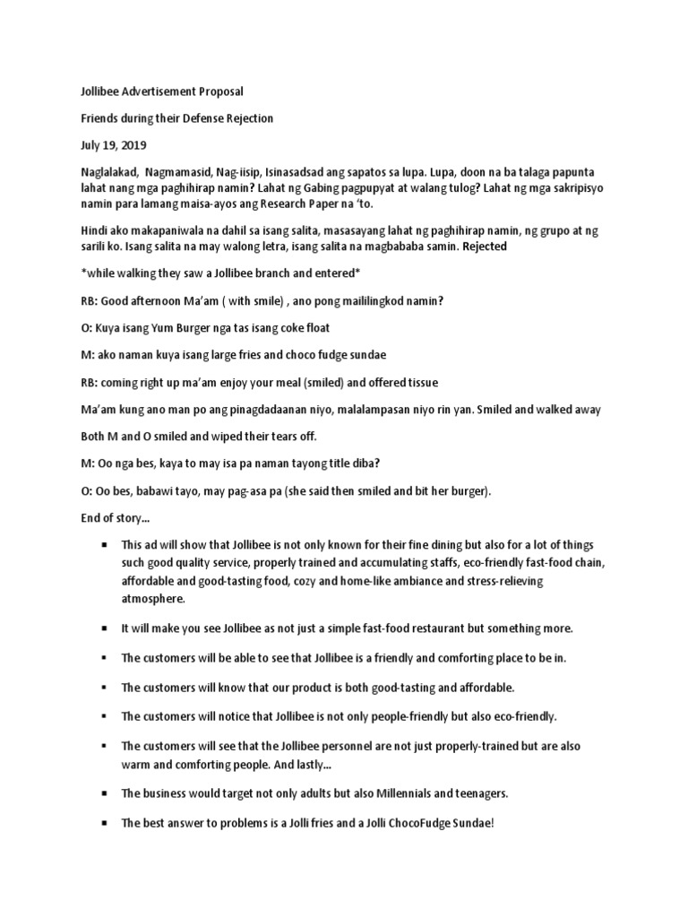 Jollibee Advertisement Proposal | PDF | Hospitality Industry | Food ...