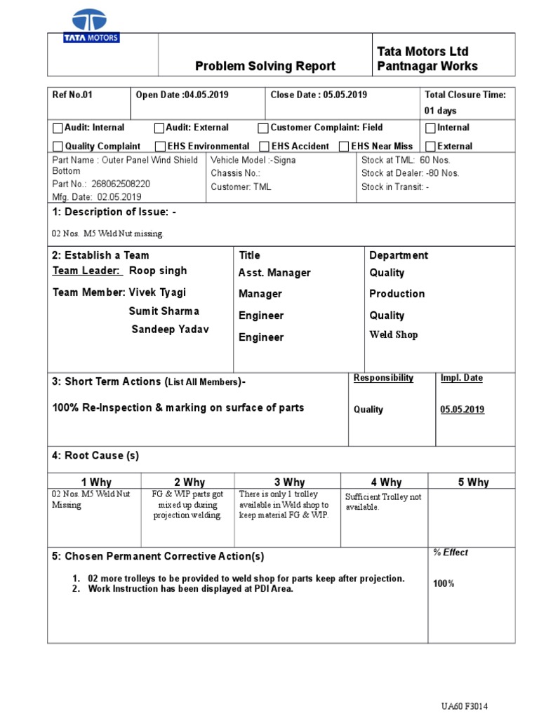 Problem Solving Report Tata Motors LTD Pantnagar Works: % Effect | PDF
