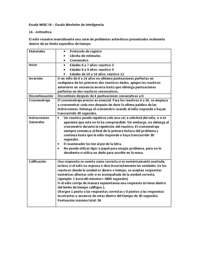 Escala WISC Aritmetica | PDF | Escala de inteligencia para adultos de ...