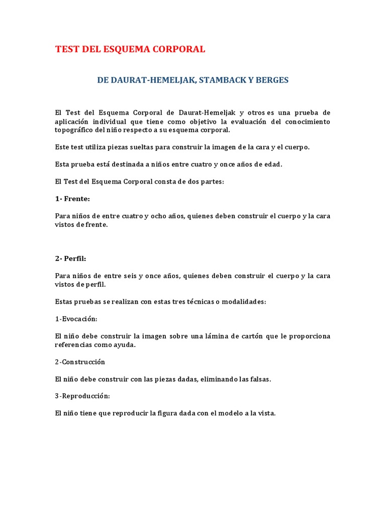 Test Esquema Corporal Pdf Handedness Naturaleza
