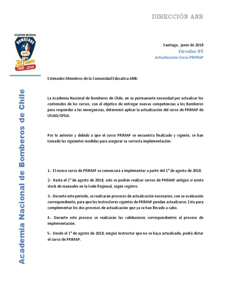 Circular 18 2018 Actualizacion Curso PRIMAP | PDF | Chile | Business