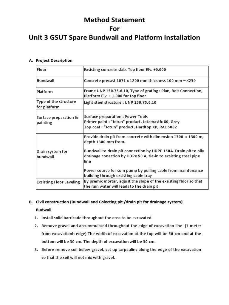 Method Statement Bundwall GSUT Spare Unit 3 | PDF | Drainage | Precast ...
