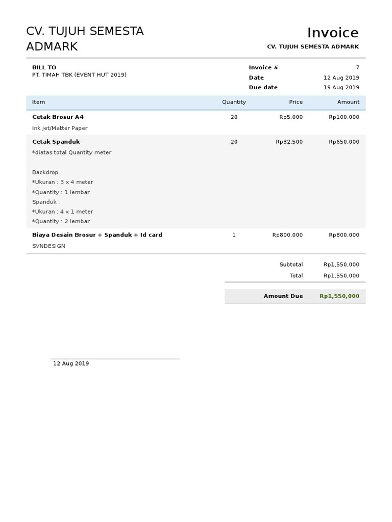 Invoice: Cv. Tujuh Semesta Admark | PDF