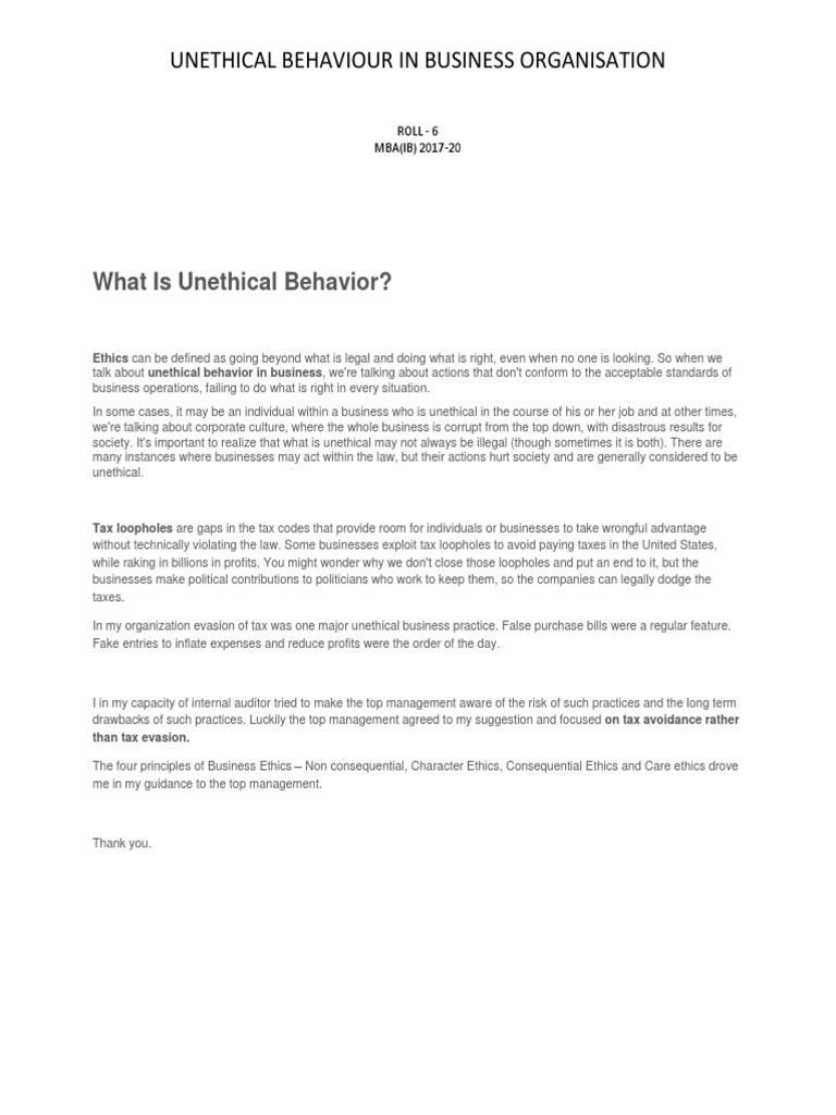 Unethical Behaviour in Business Organisation: What Is Unethical ...