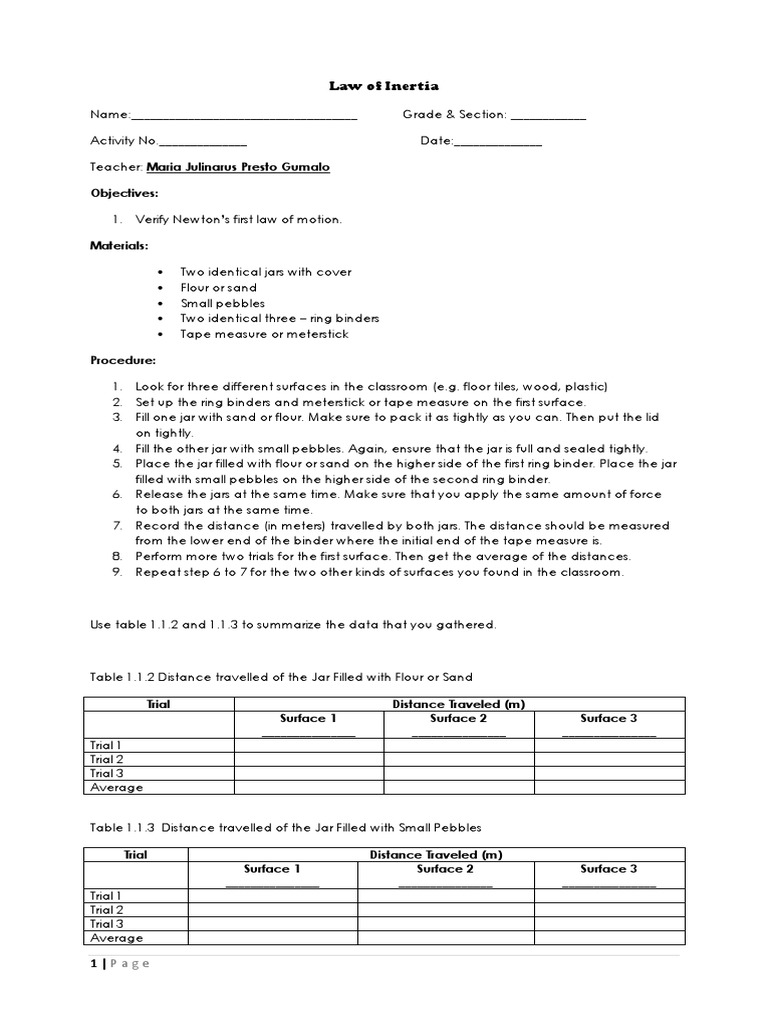 Activity 2 Law of Inertia Activity | PDF | Inertia | Newton's Laws Of ...