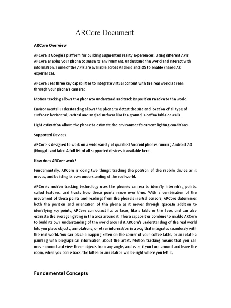 ARCore Document | PDF | Augmented Reality | Android (Operating System)