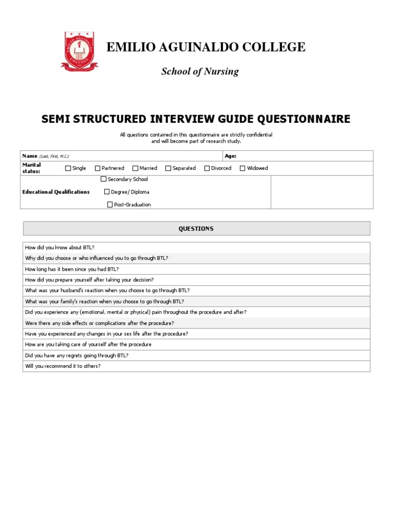 Emilio Aguinaldo College: Semi Structured Interview Guide Questionnaire ...