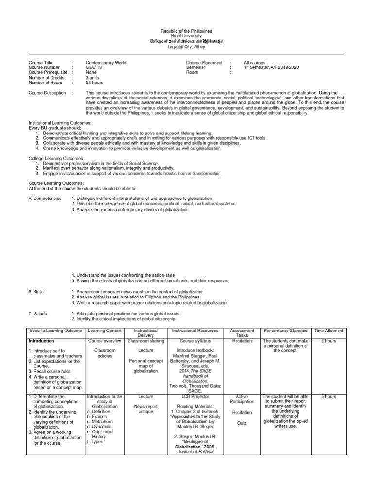 Contemporary World Syllabus | PDF | World Systems Theory | Globalization