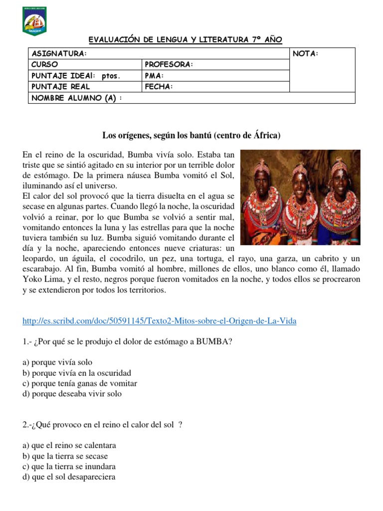 Evaluación de Lengua y Literatura 7º Año | PDF | Tierra | Mitos de la ...
