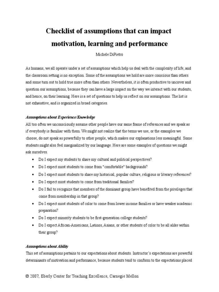Checklist Assumptions | Download Free PDF | Motivation | Motivational
