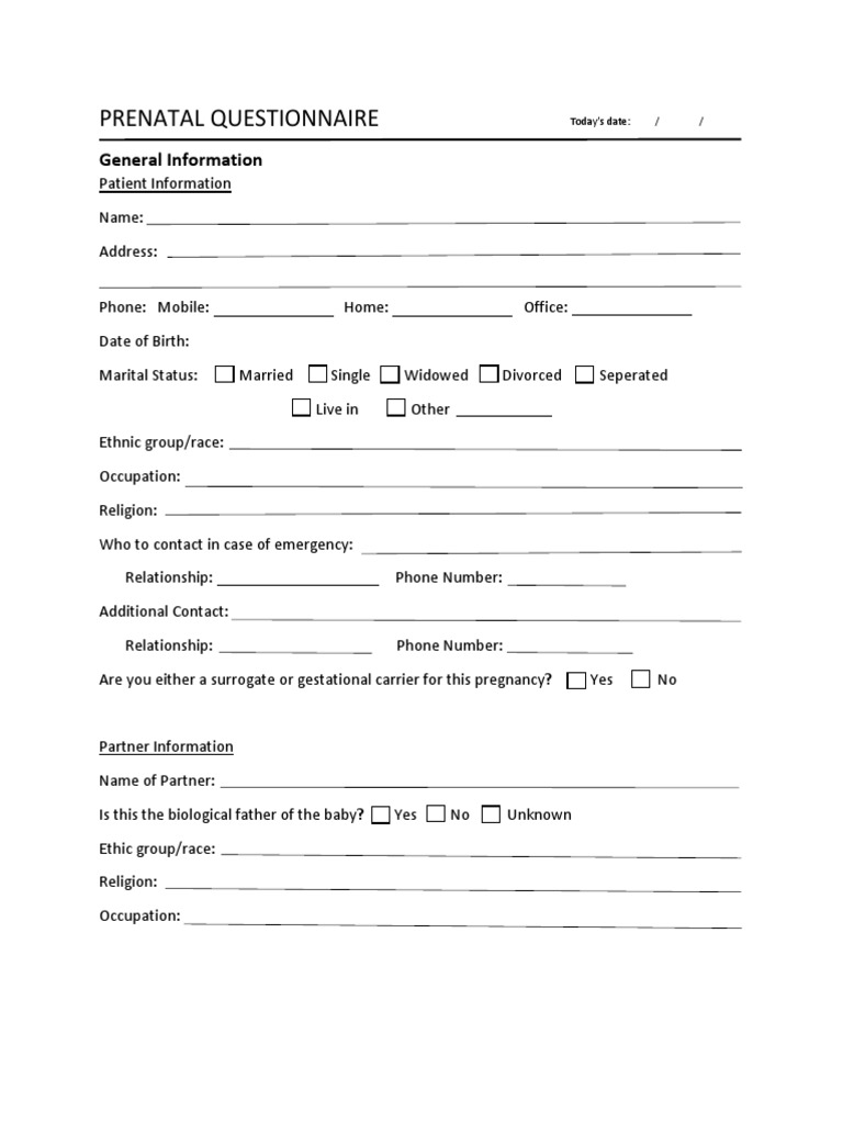 Prenatal Questionnaire: General Information | PDF | Pregnancy | Medical ...