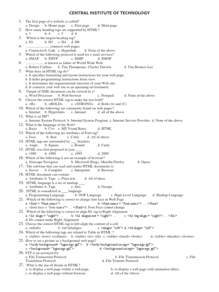 HTML Exam | PDF | Html Element | World Wide Web