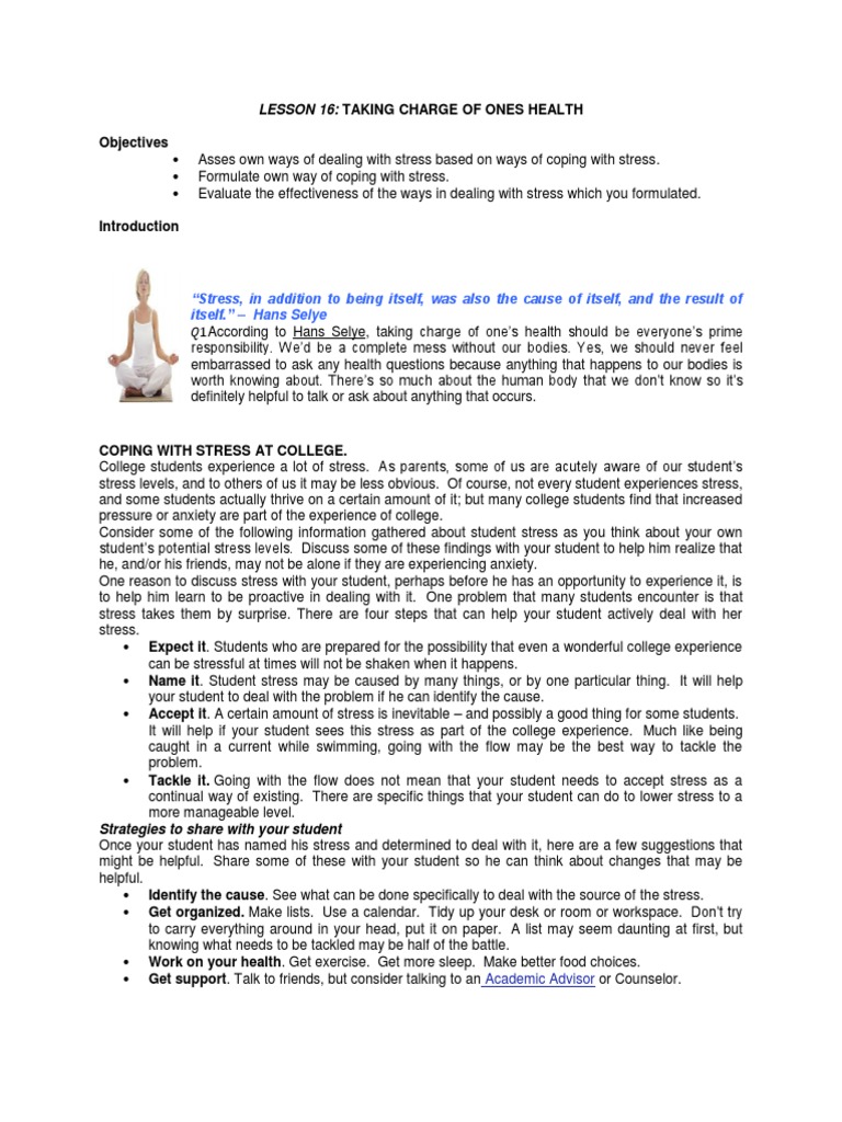 Lesson 16 Taking Charge of Ones Health | PDF | Stress (Biology) | Laughter