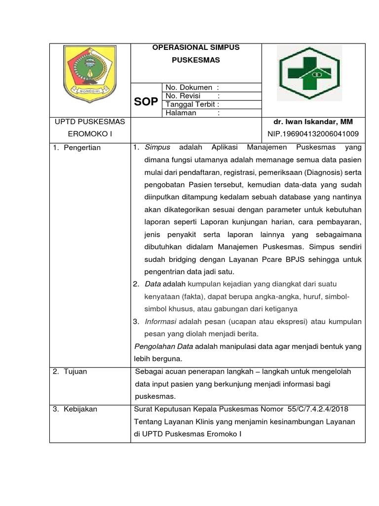Sop Operasional Simpus Puskesmas | PDF