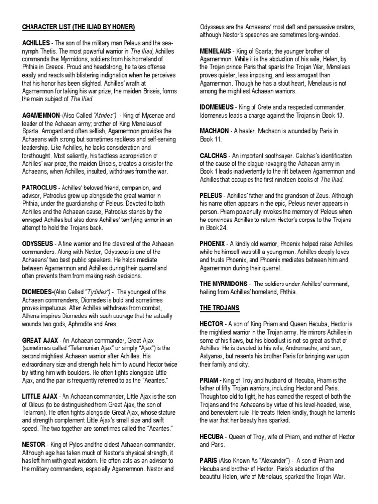 Character List and Descriptions from Homer's Epic Poem The Iliad | PDF ...