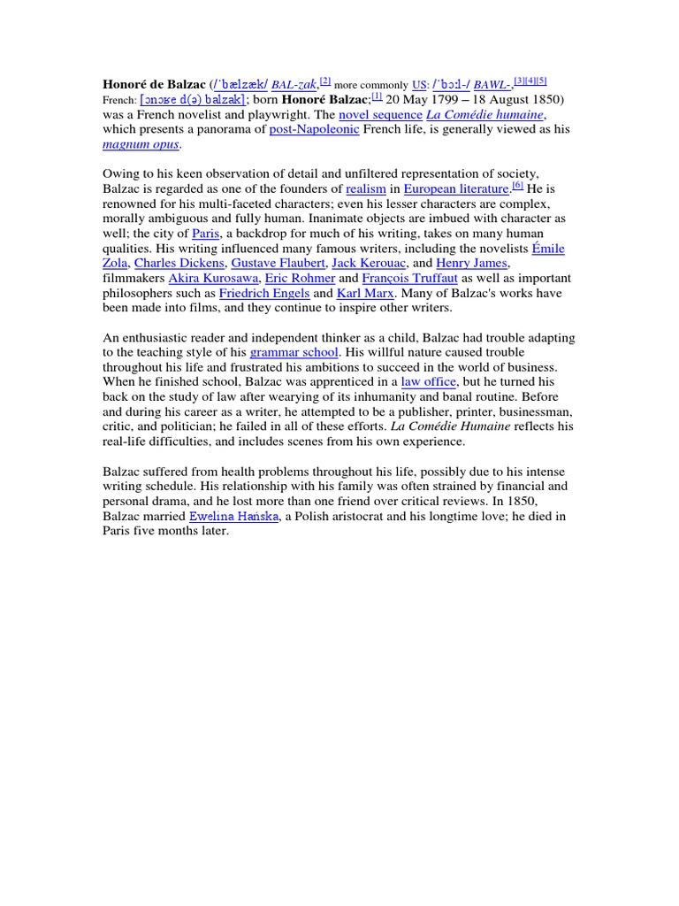 Honoré de Balzac, founder of literary realism | PDF