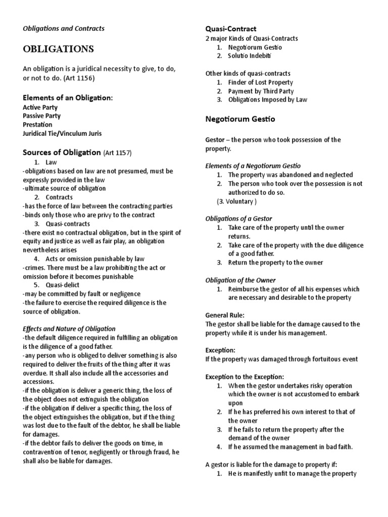 A Comprehensive Overview of Obligations, Contracts, and Quasi-Contracts Under Philippine Law ...
