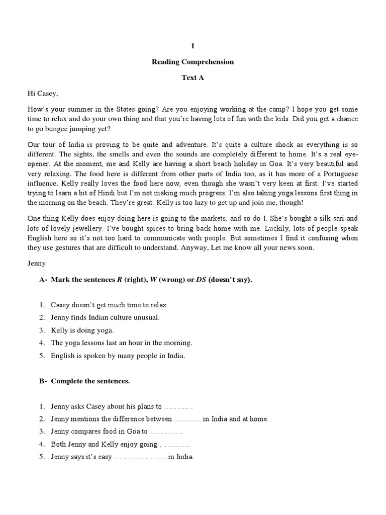 Reading Comprehension and Vocabulary Exercises | PDF | Language Arts ...