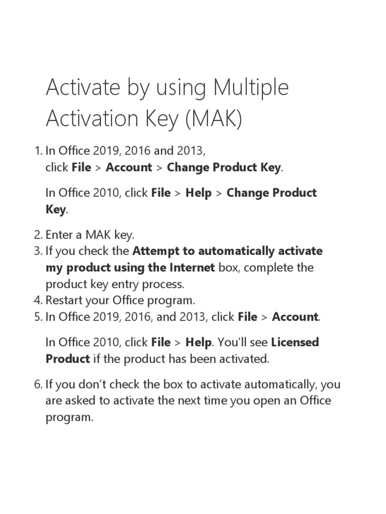 Activate by using Multiple Activation Key (MAK) | Microsoft Office 2010 ...