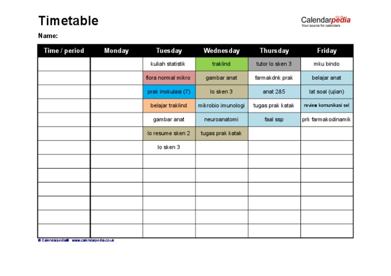 Timetable Monday To Friday in Colour | PDF