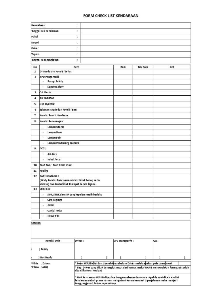 Form Checklist Kendaraan Angkutan | PDF
