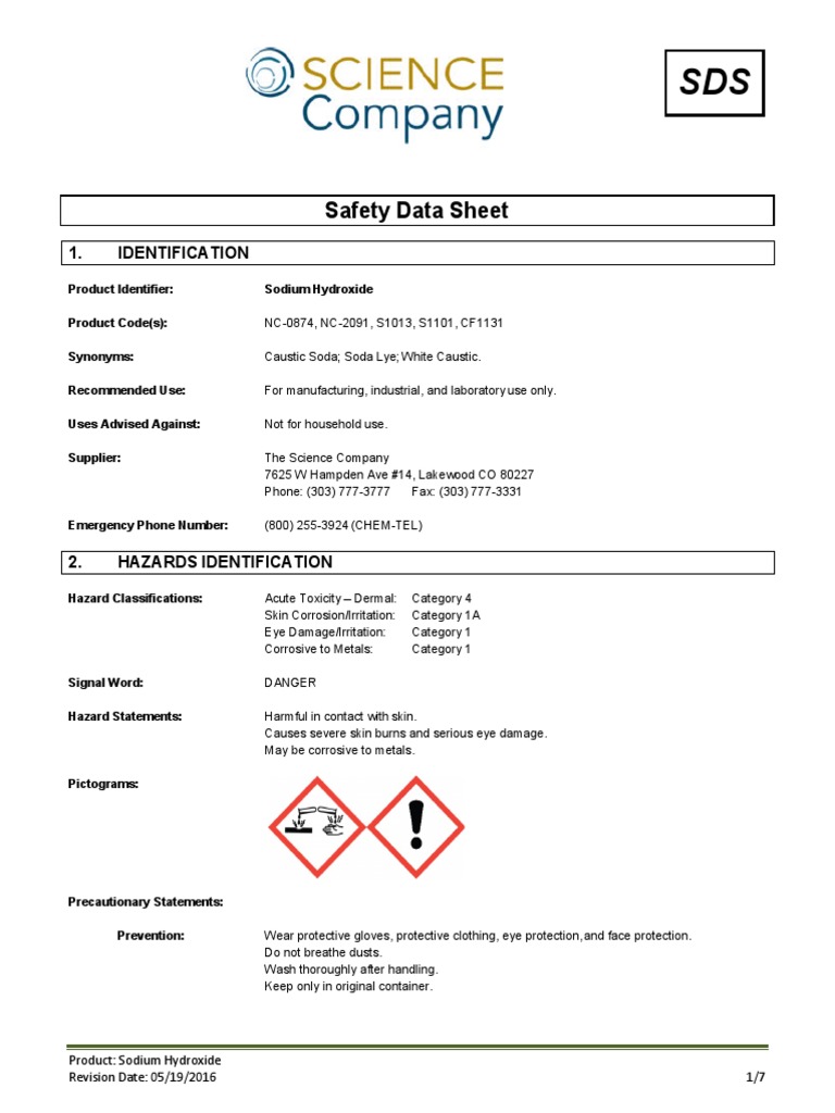 Sodium Hydroxide Solid SDS | PDF | Sodium Hydroxide | Dangerous Goods