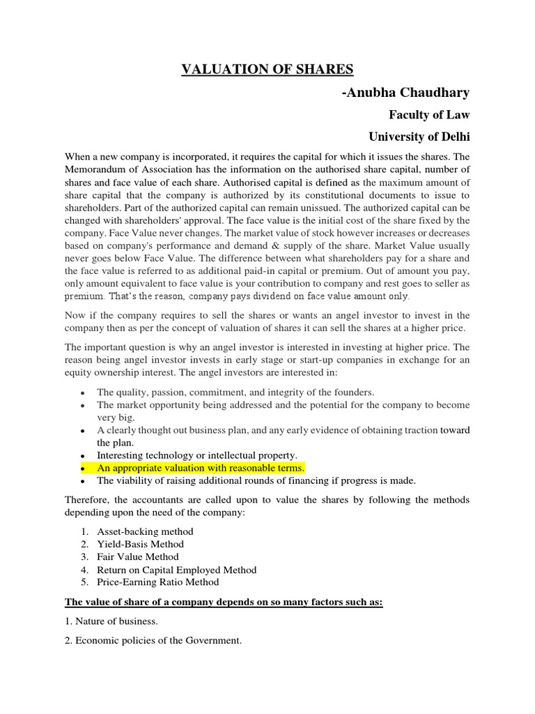 Valuation of Shares Explained | PDF | Stocks | Valuation (Finance)