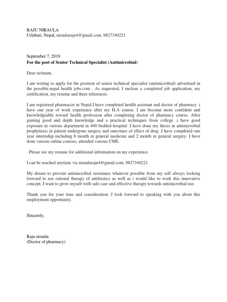 Raju Niraula Urlabari, Nepal,: For The Post of Senior Technical Specialist (Antimicrobial) | PDF ...
