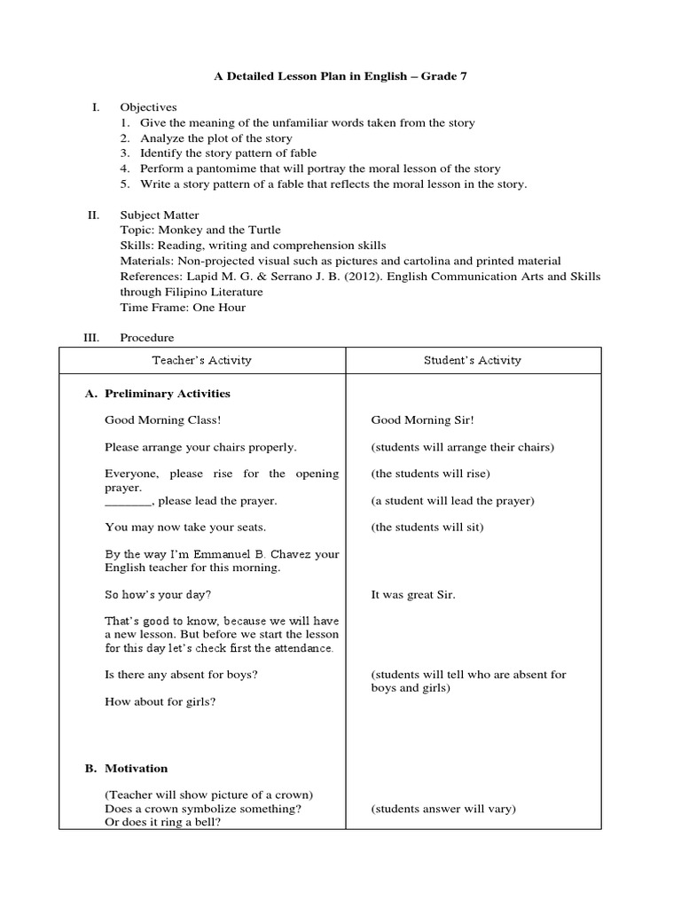 A Detailed Lesson Plan in English - Grade 7 | PDF | Fable | Psychology