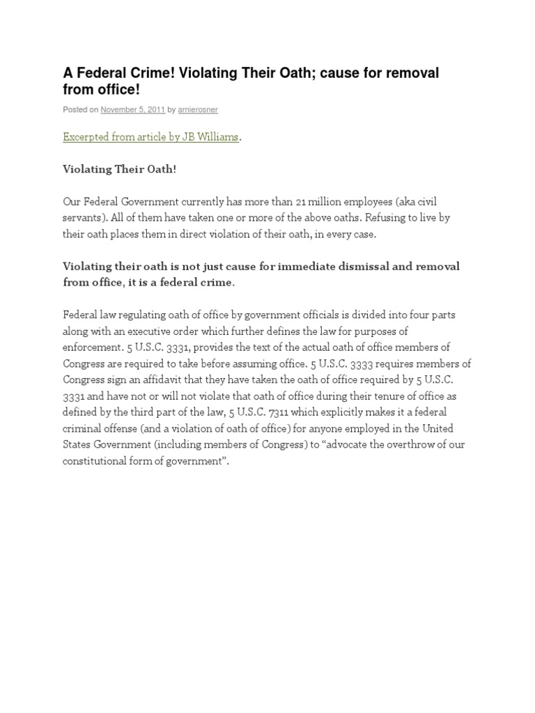 A Federal Crime! Violating Their Oath Cause For Removal From Office! | PDF