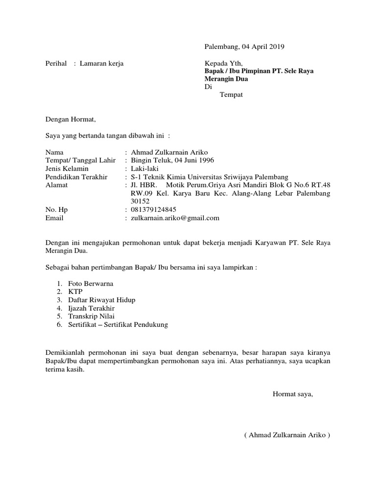 Zulkarnain - Surat Lamaran - PT Sele Raya | PDF