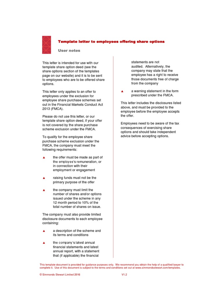 Template Letter To Employees Offering Share Options: User Notes | PDF ...