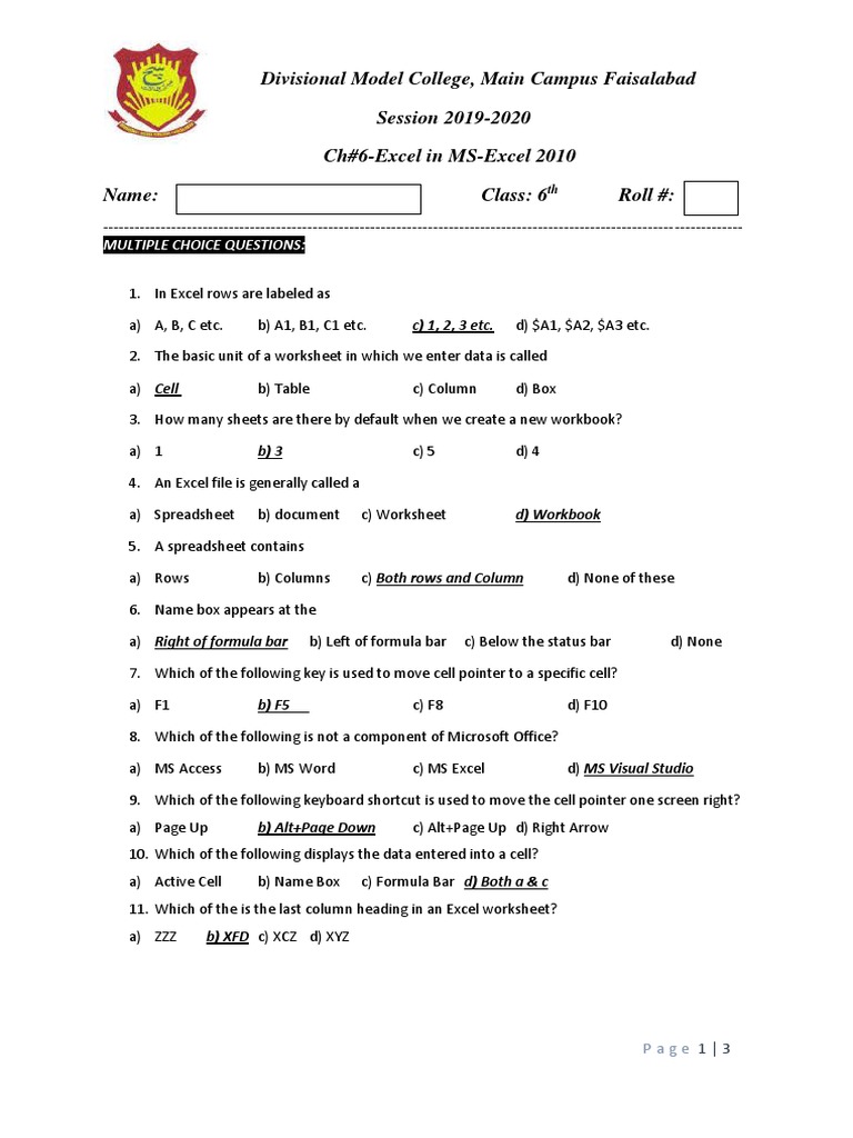 Worksheet#2 Class 6 | PDF | Spreadsheet | Worksheet