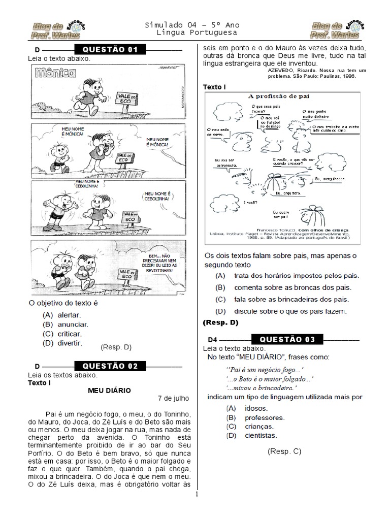 Simulado 4 (Port. 5º Ano - Blog Do Prof. Warles) | PDF