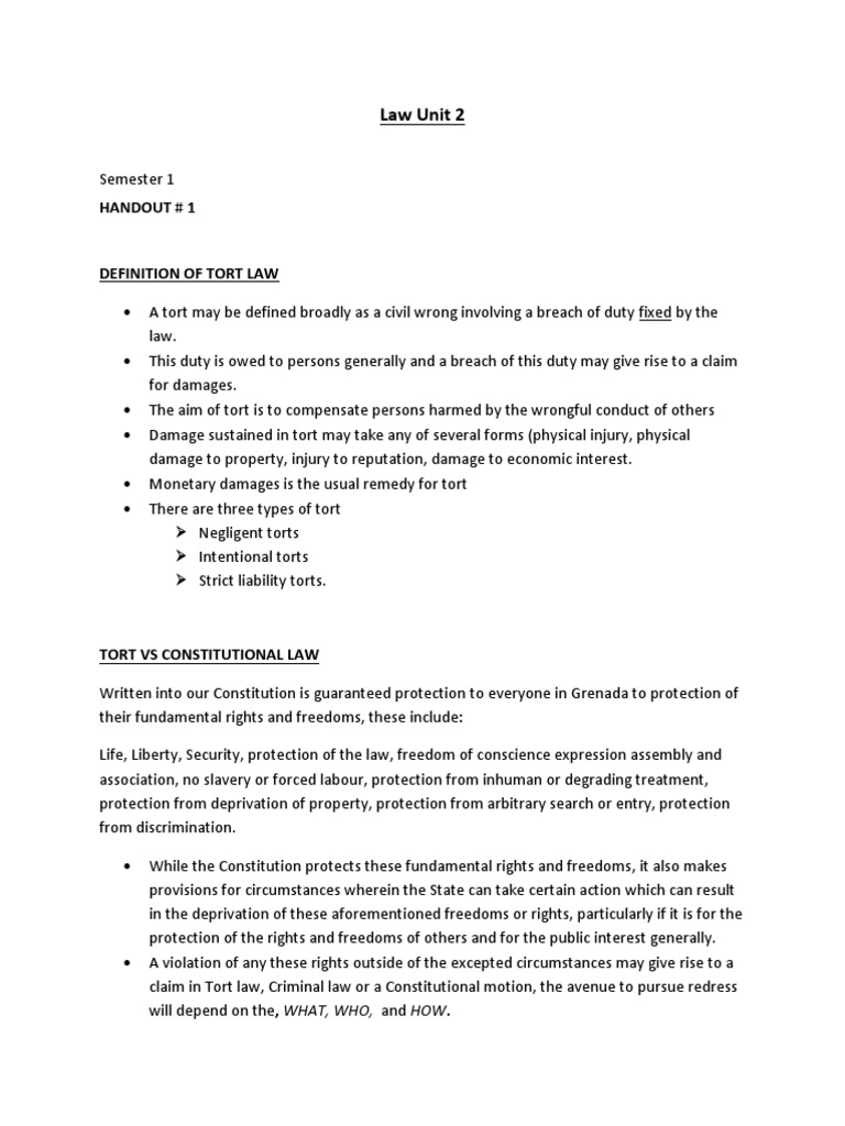 Law Unit 2 Handout # 1 | PDF | Tort | Causation (Law)