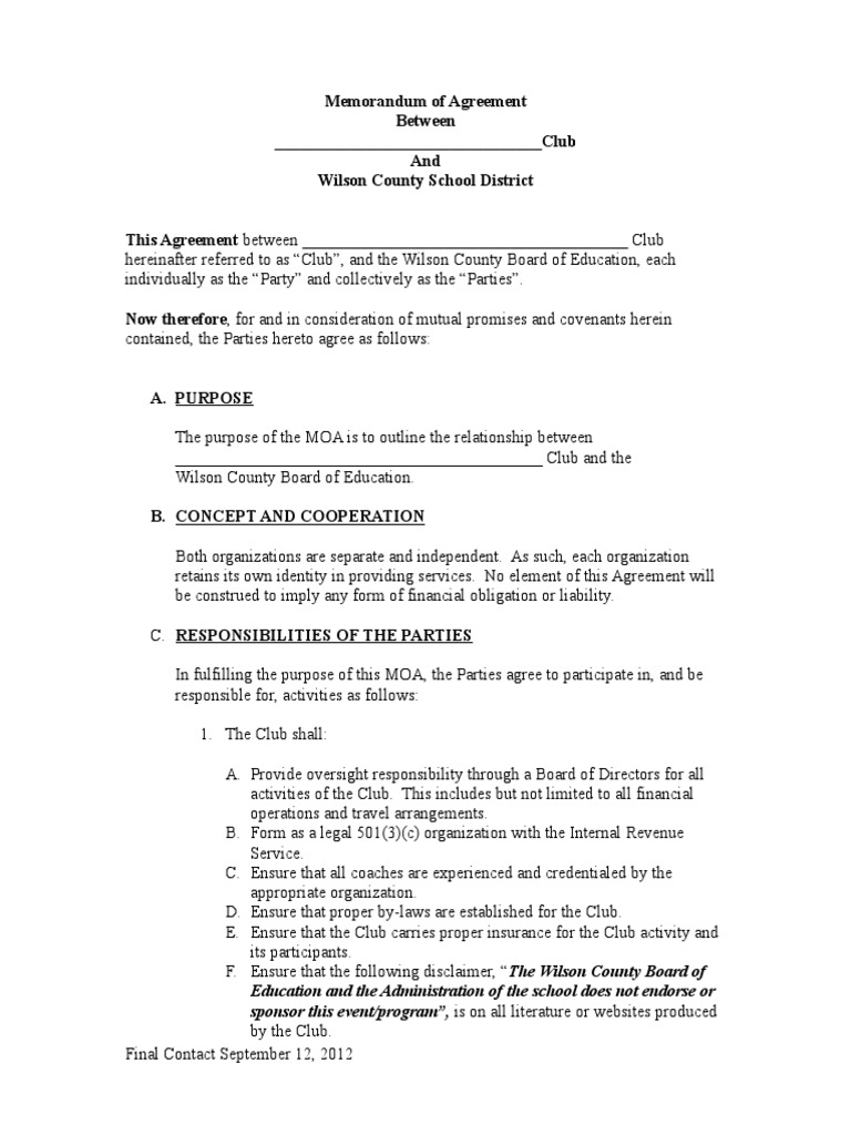 Memorandum of Agreement For Non Sanctioned Club Sports | PDF ...