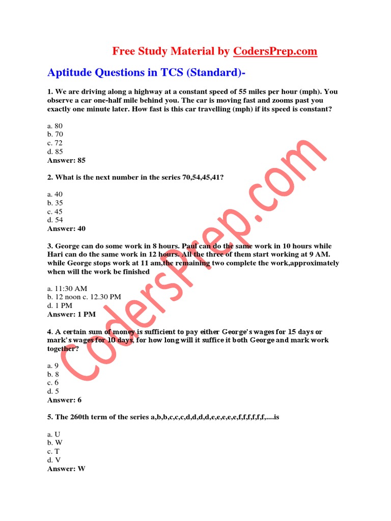 Tcs Aptitude Questions PDF Download | PDF | Fraction (Mathematics) | Speed