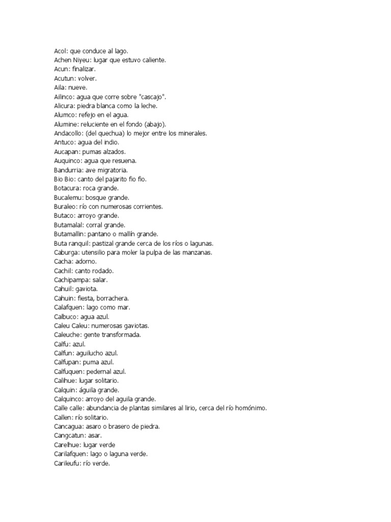 Diccionario de Topónimos Mapuches | PDF | Agua | Plantas