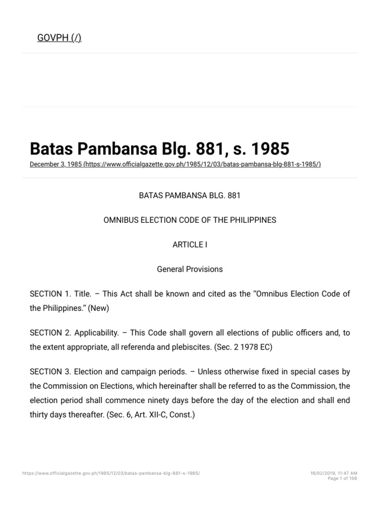 Batas Pambansa Blg. 881 | PDF | President Of The Philippines | World ...